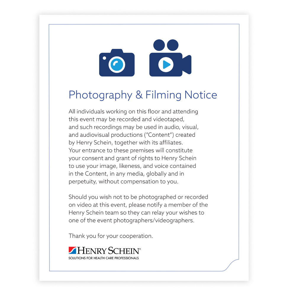 Henry Schein Promo Shop: Filming Notice Sign with Easel Back